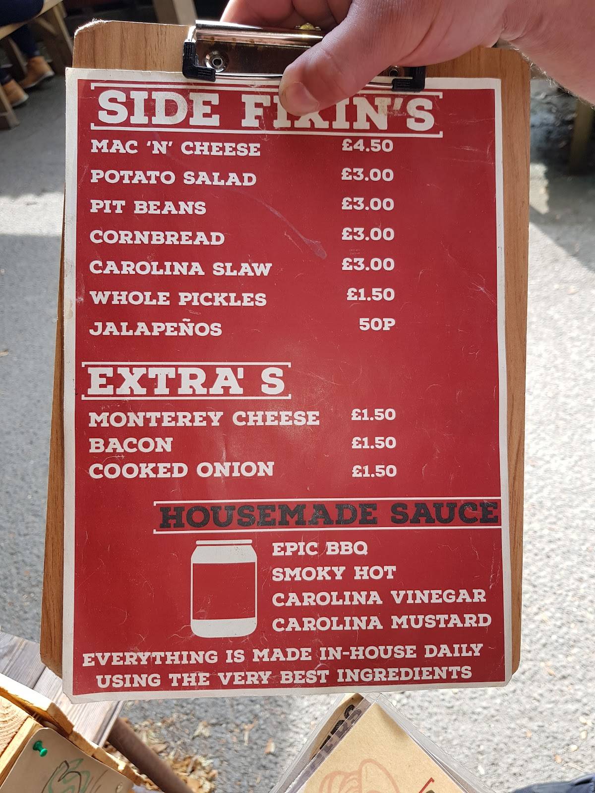 Menu at Inkie's Smokehouse restaurant, Liskeard