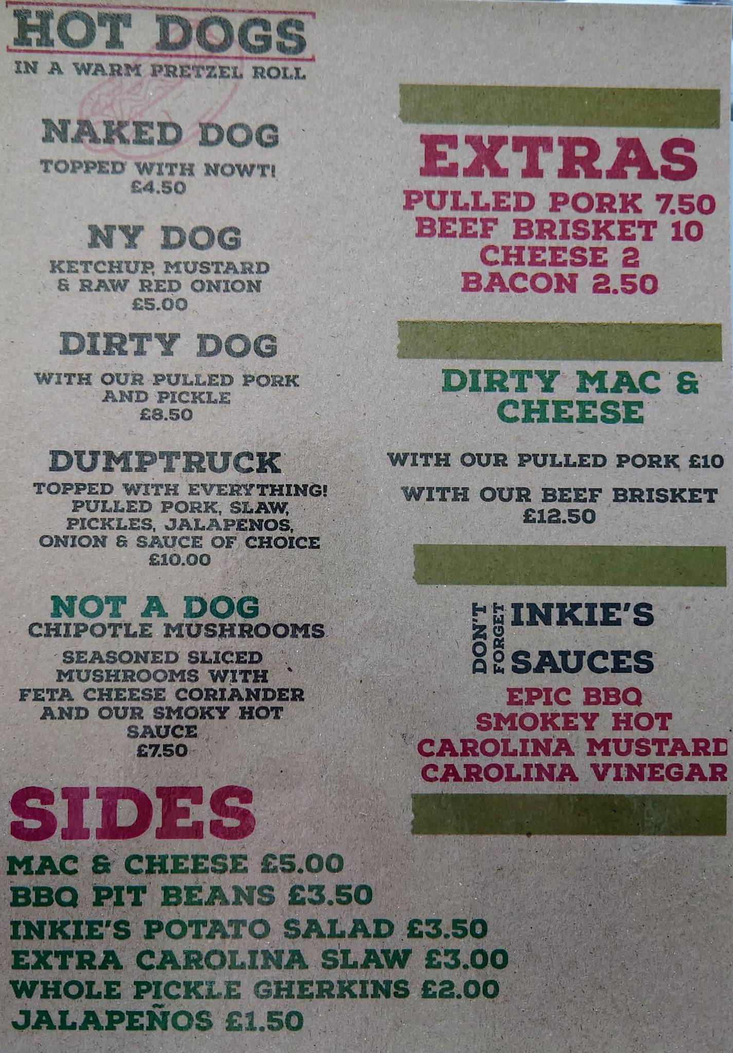 Menu at Inkie's Smokehouse restaurant, Liskeard