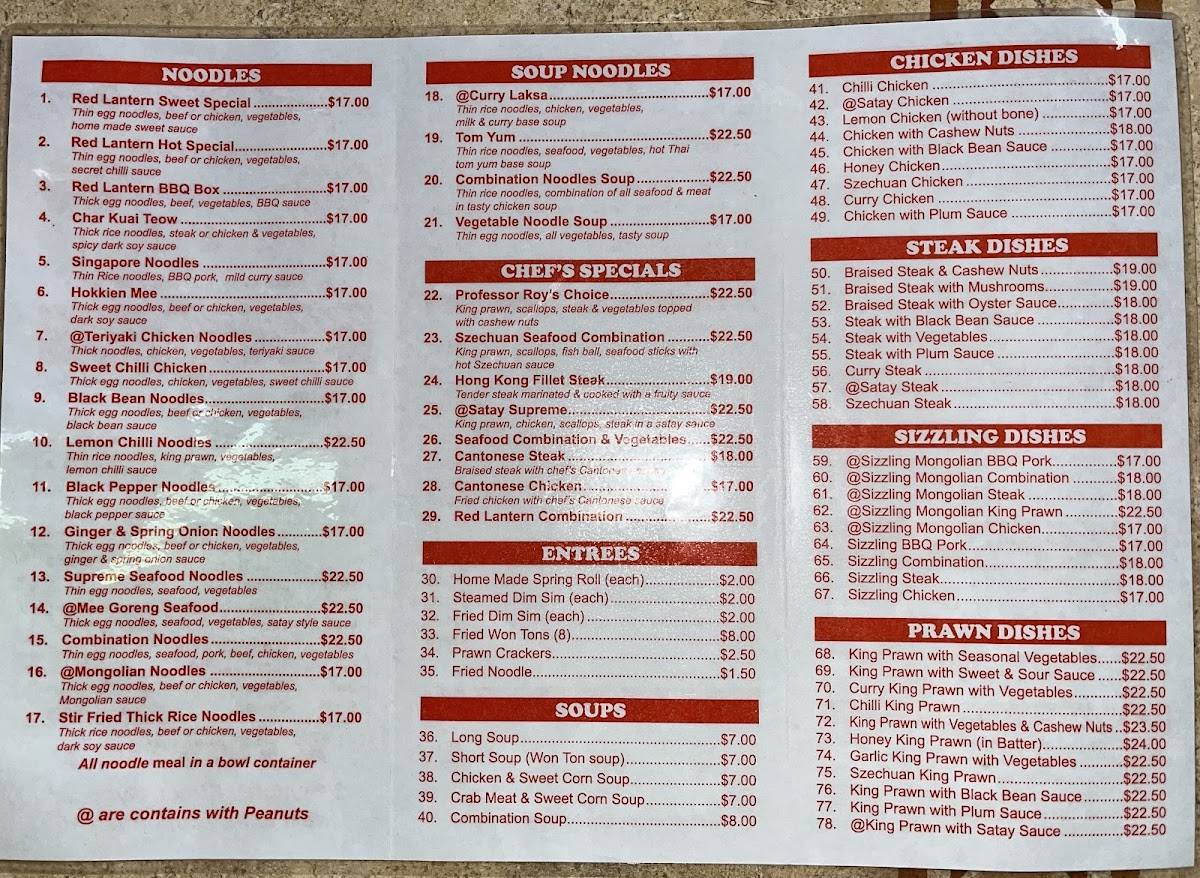 Menu at Red Lantern restaurant, Kyabram