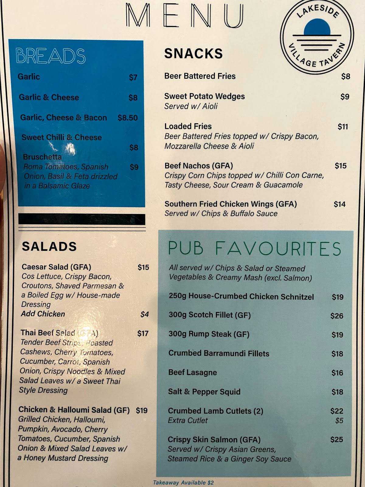 Menu at Lakeside Village Tavern restaurant, Raymond Terrace, 74 ...