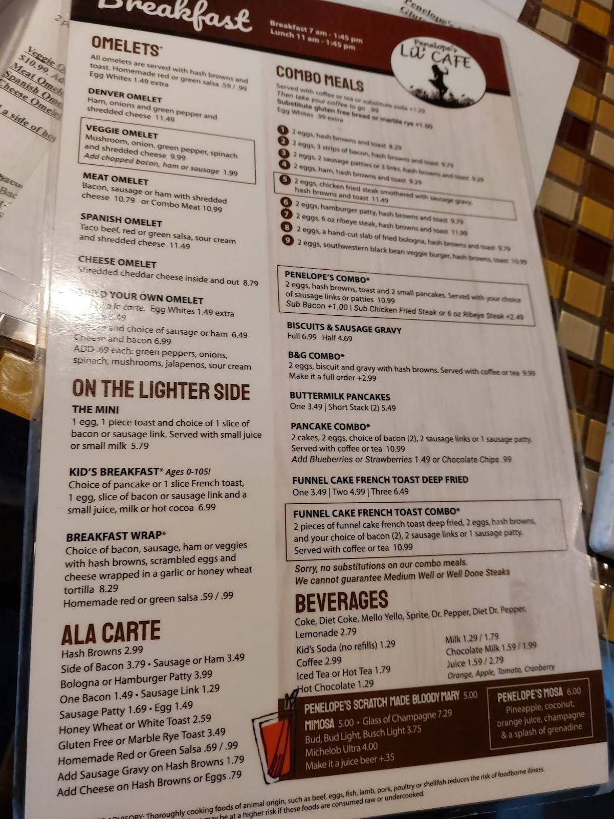 Menu at Penelope's Lil' Cafe, Lincoln