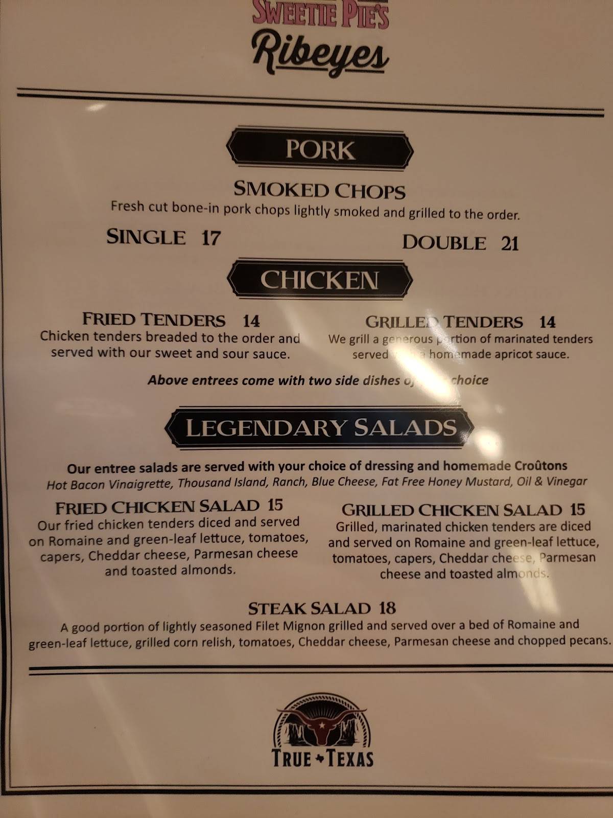 Menu at Sweetie Pie's Ribeyes steakhouse, North Richland Hills
