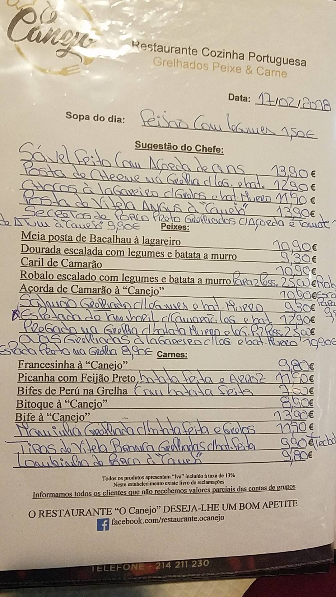 Menu em O Canejo restaurante, Paço de Arcos