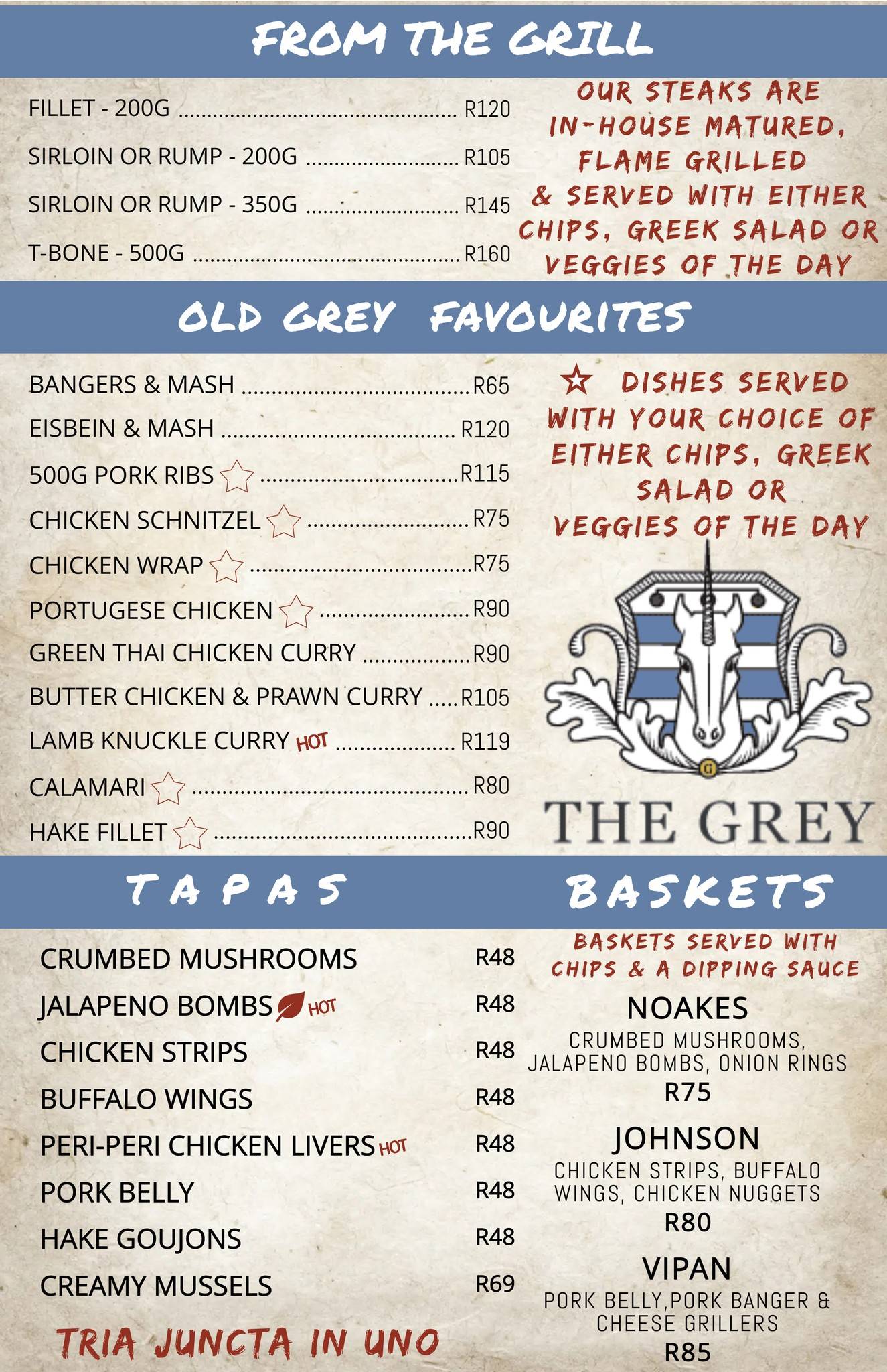 Menu at Old Grey Club, Port Elizabeth