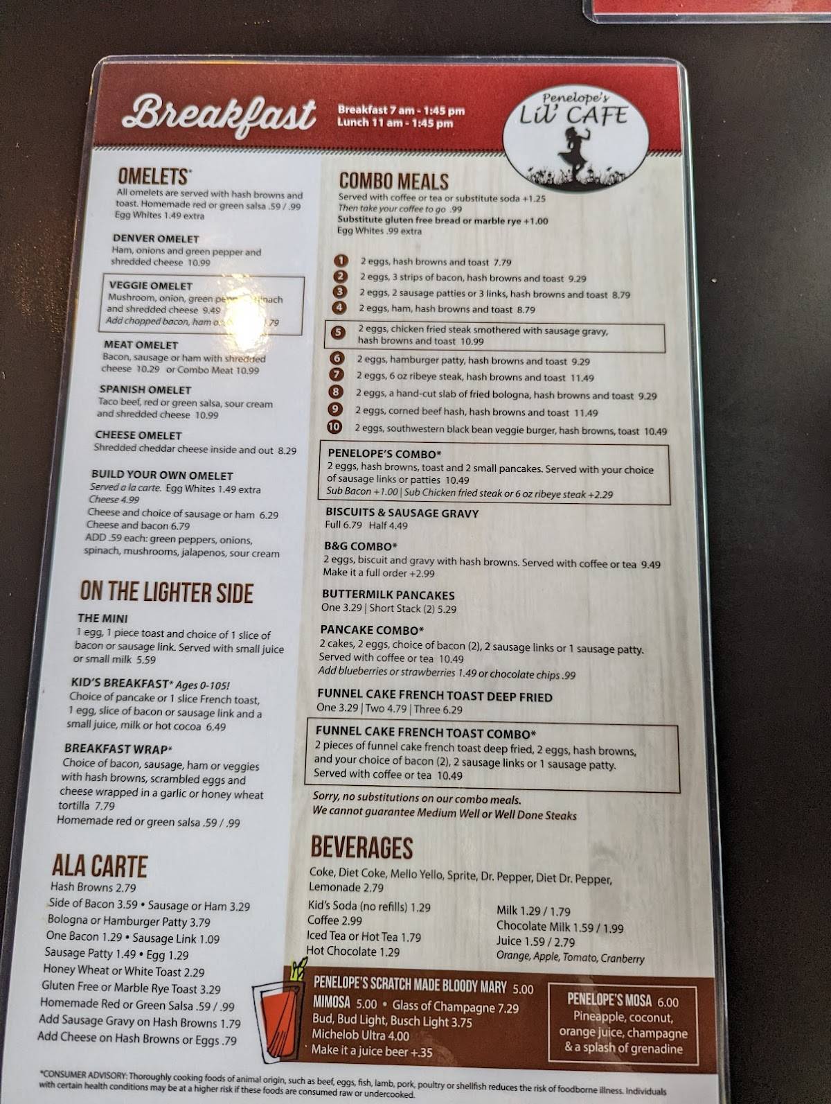 Menu at Penelope's Lil' Cafe, Lincoln