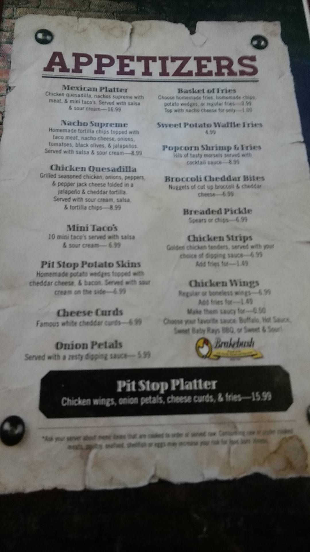 Menu at Pit Stop Bar & Grill, Bessemer
