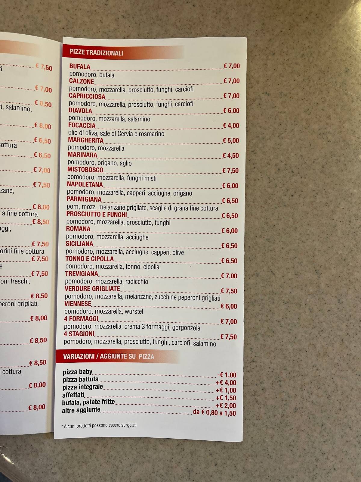 Menu da Pizzeria 2 Torri, Arcugnano