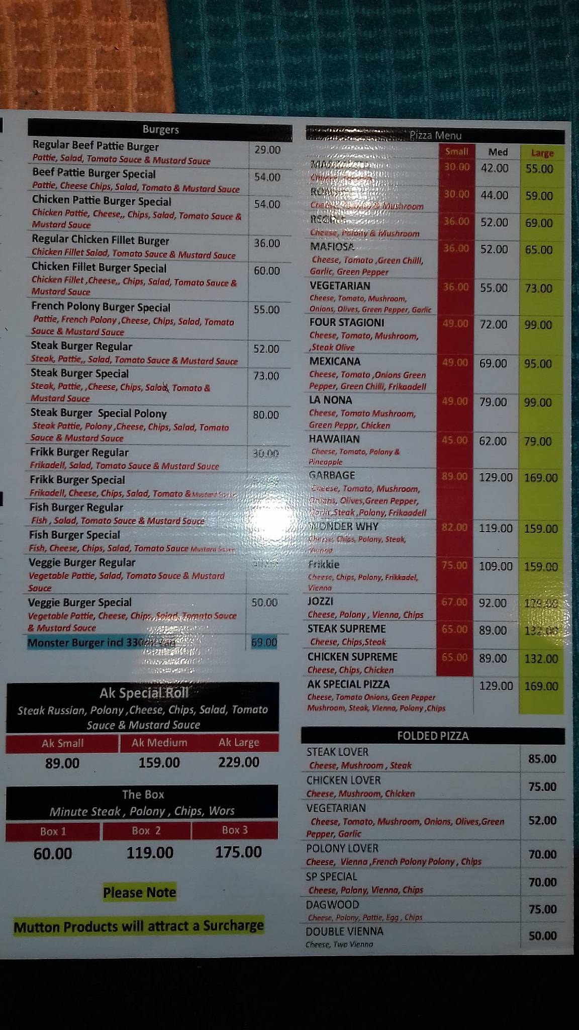 Menu at Akhalz Mayfair restaurant, Johannesburg, 100 Church St