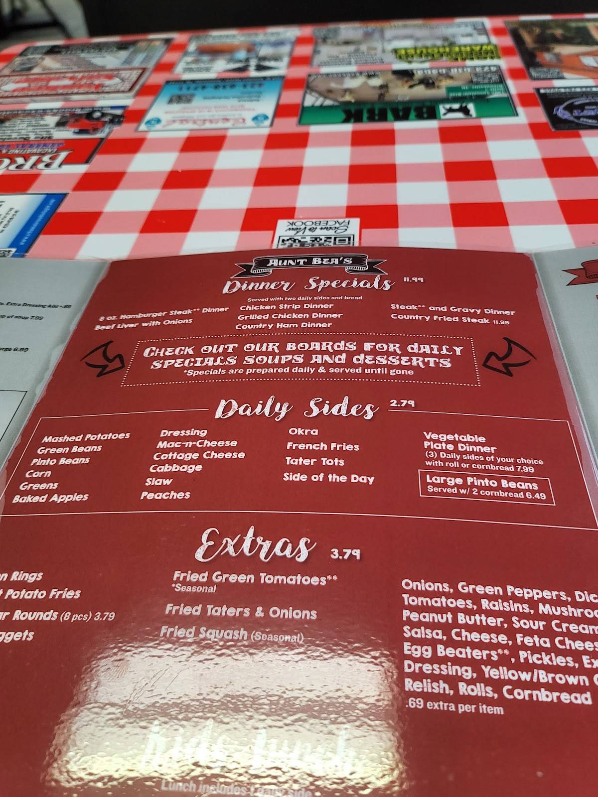 Menu at Aunt Bea's Home Cooking restaurant, Greeneville