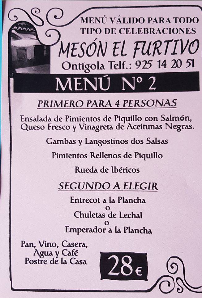 Carta del restaurante Mesón Litri. El Furtivo, Ontígola