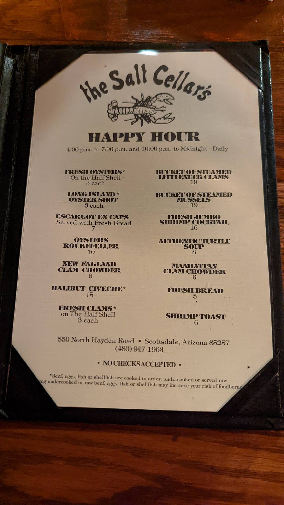 Menu at Salt Cellar Restaurant, Scottsdale, 550 Hayden Rd