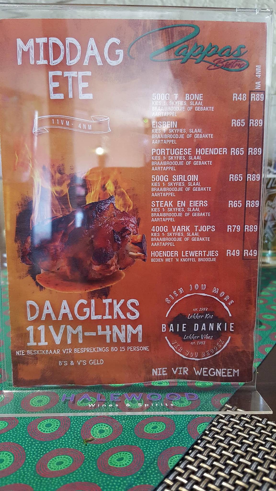 Menu at Zappas Restaurant, Pretoria