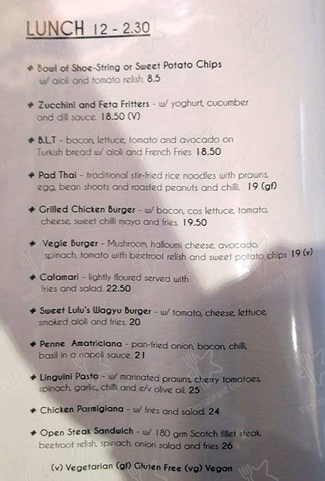 Menu at Sweet Lulus Cafe, Keilor