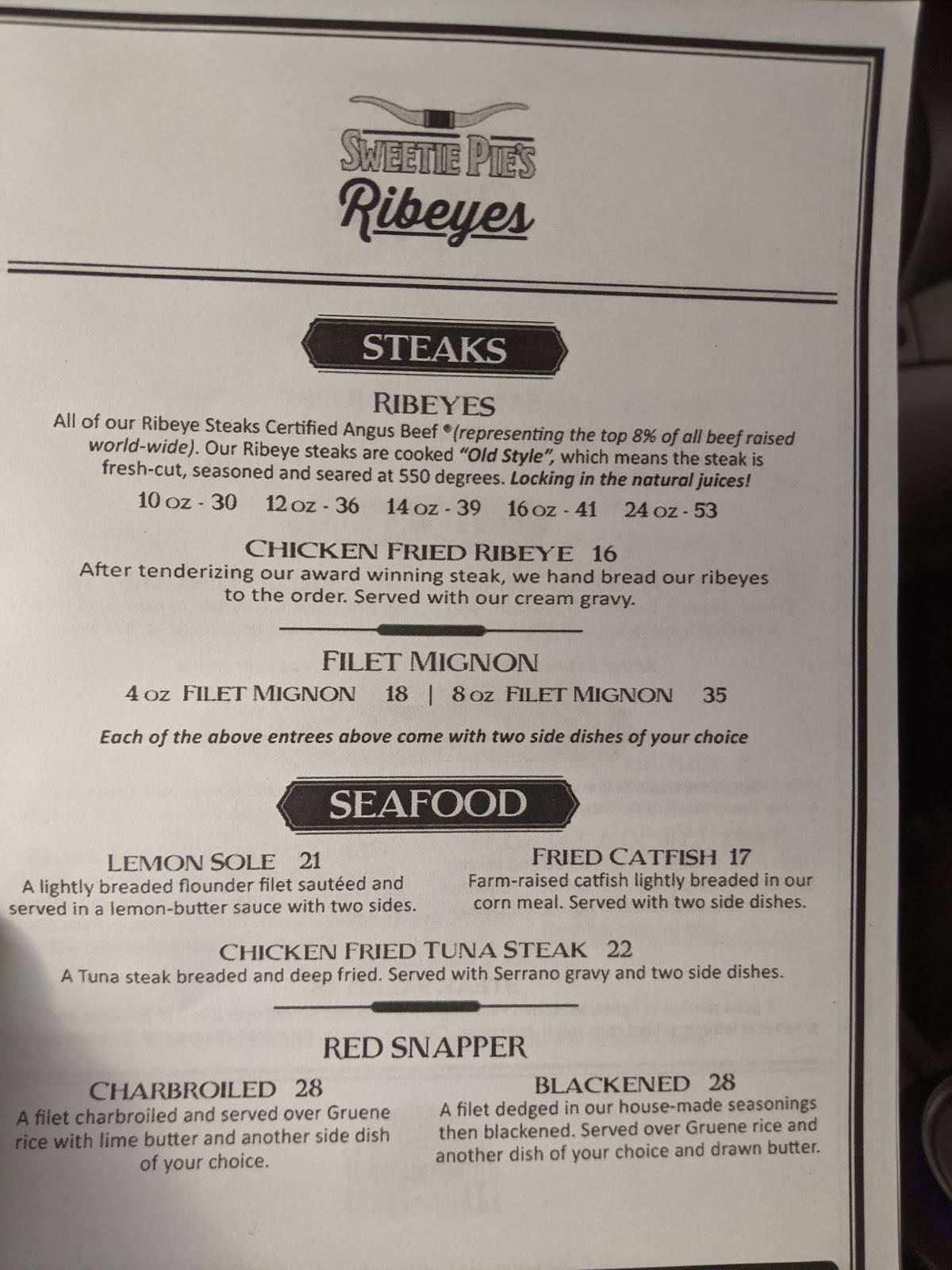 Menu at Sweetie Pie's Ribeyes steakhouse, North Richland Hills