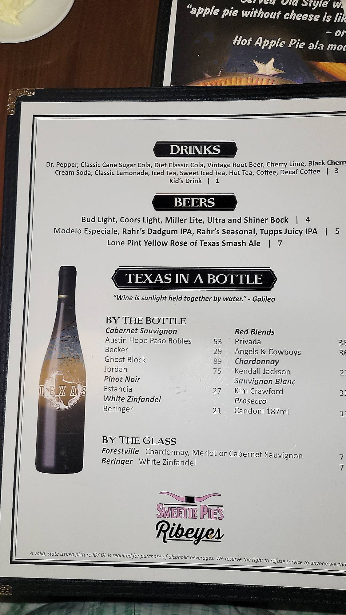 Menu at Sweetie Pie's Ribeyes steakhouse, North Richland Hills