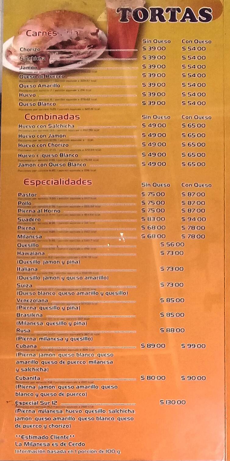 Carta del restaurante Tortas Gigantes Sur 12, Ciudad del México, Sur ...