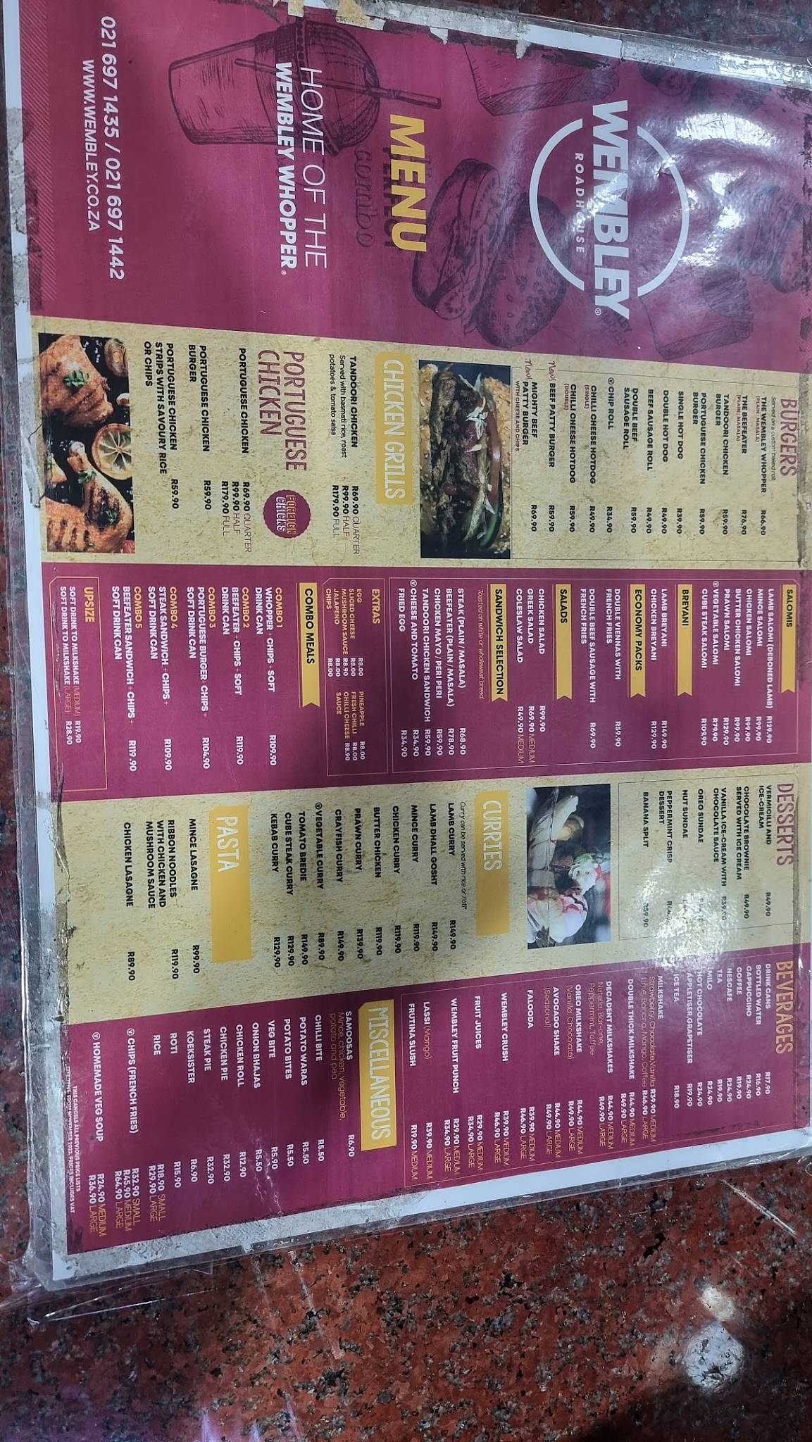 Menu at Wembley Roadhouse restaurant, Cape Town, Belgravia Road