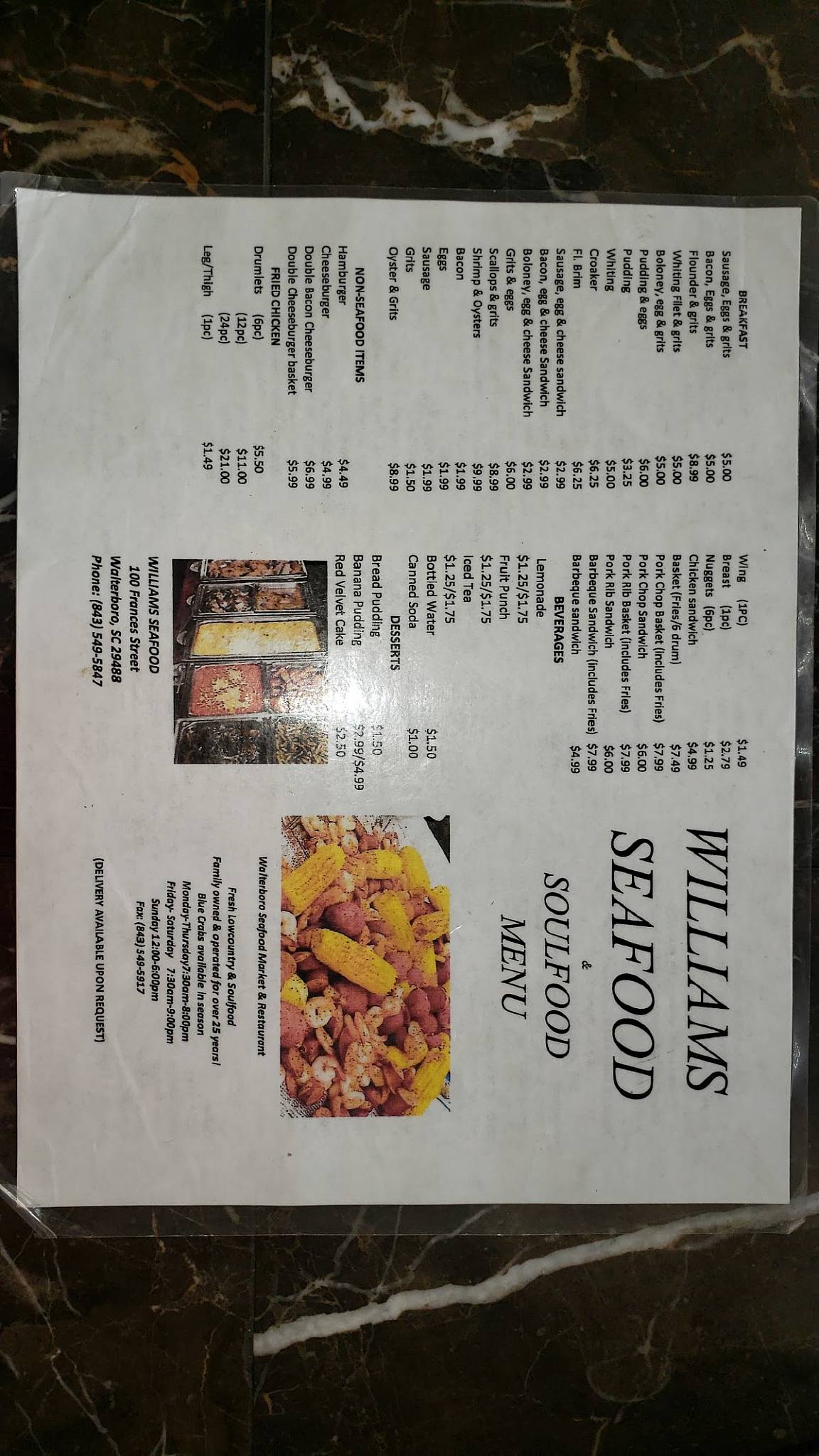 Menu at Williams Seafood restaurant, Walterboro