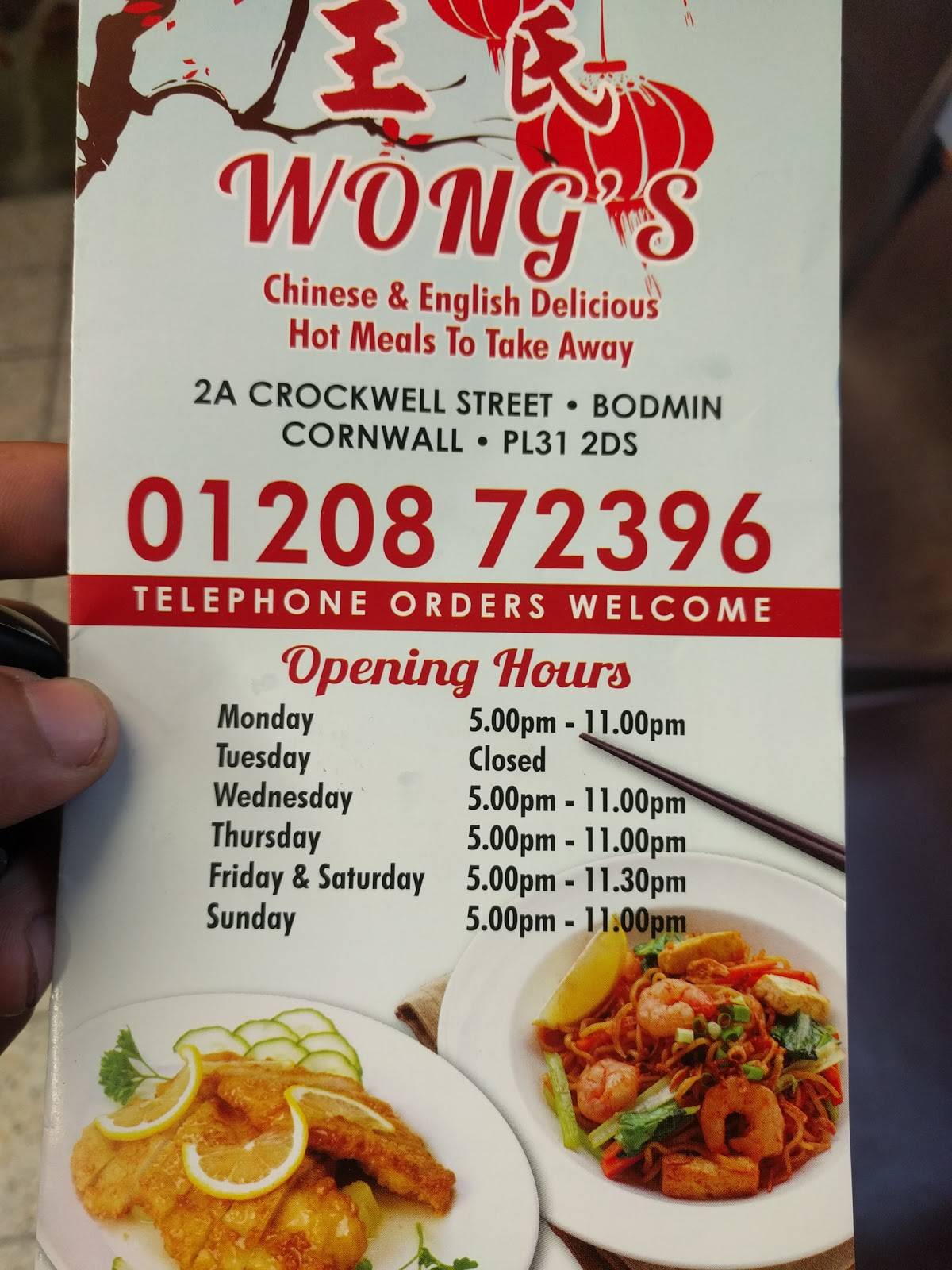 Menu at Wong's fast food, Bodmin