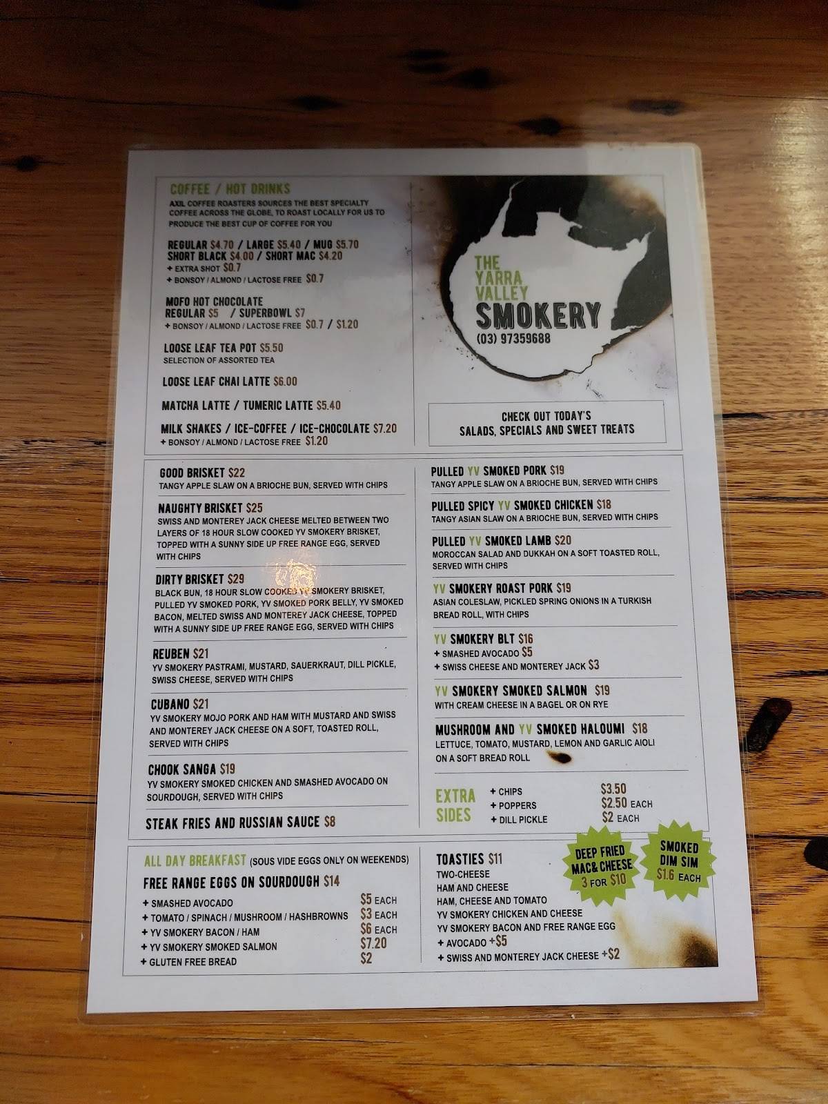 Menu at Yarra Valley Smokery cafe, Lilydale
