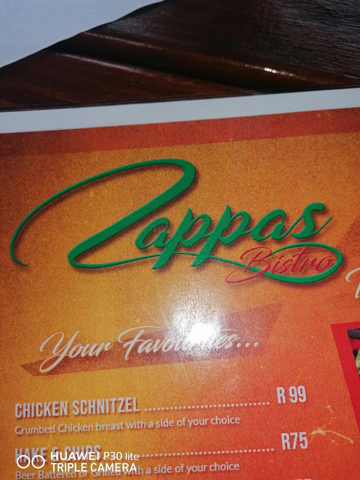 Menu at Zappas Restaurant, Pretoria