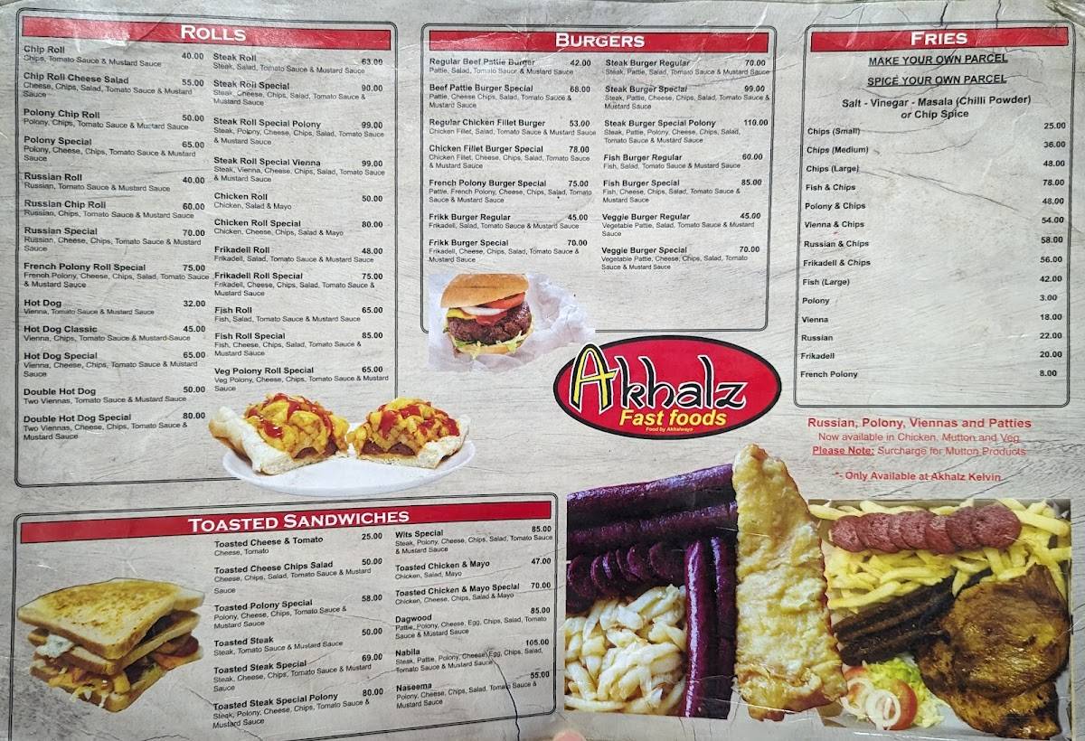 Menu at Akhalz Kelvin (Akhalwayas) restaurant, Johannesburg