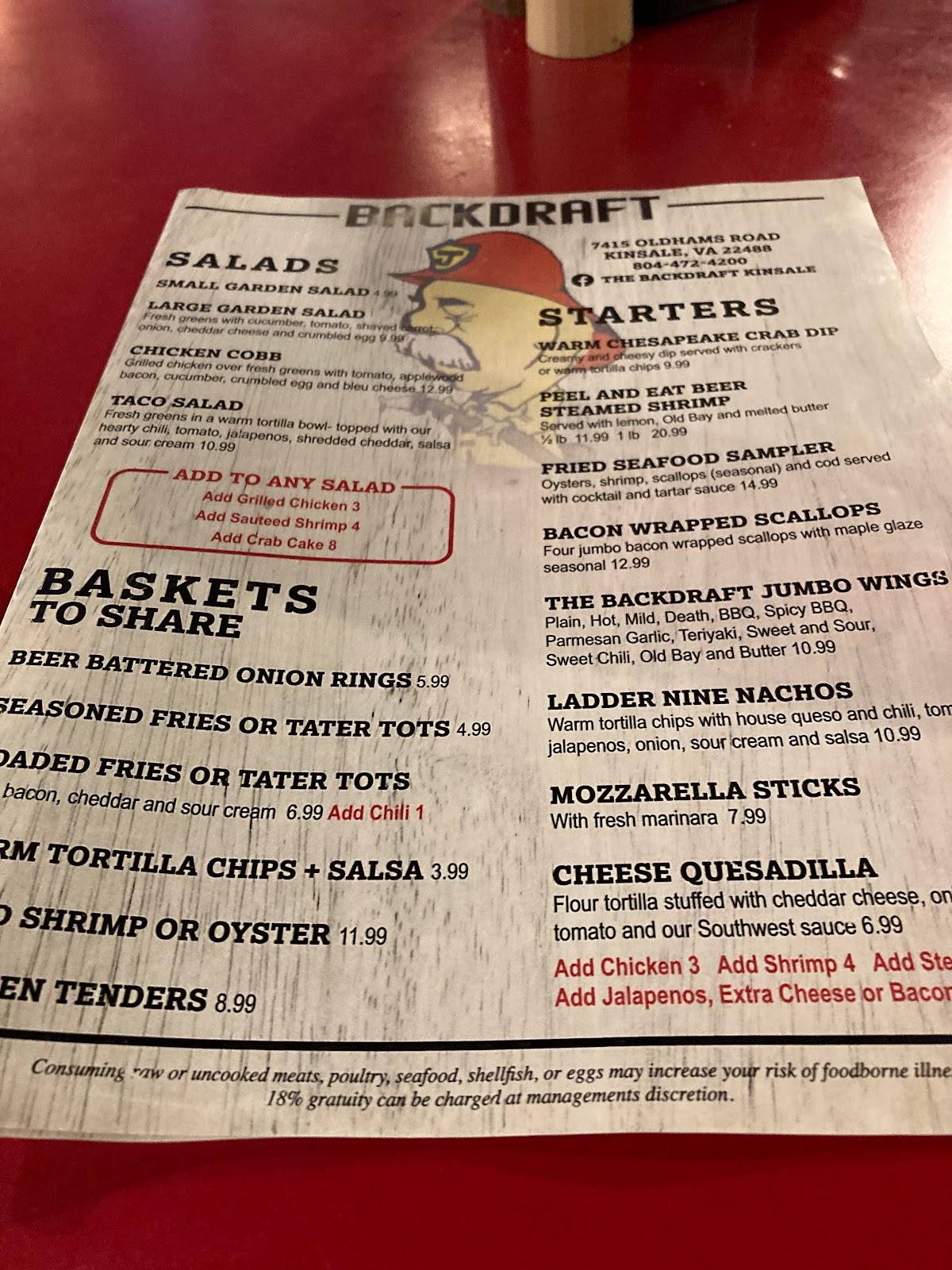 Menu at Backdraft steakhouse, Kinsale, Oldhams Rd