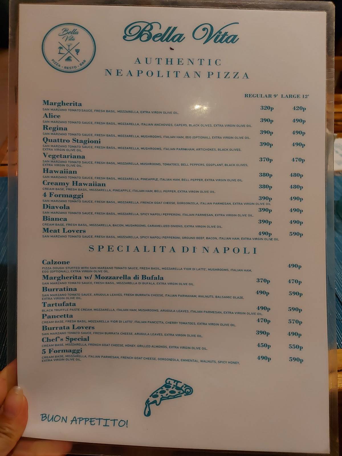 Menu at Bella vita el nido pizzeria, El Nido, Corong Corong Beach