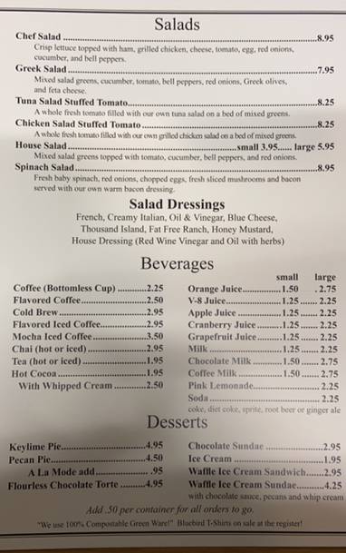 Menu at Bluebird Cafe, South Kingstown