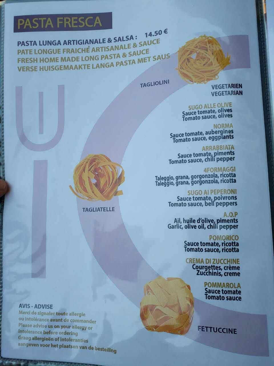 Menu au Pasta Divina, Bruxelles