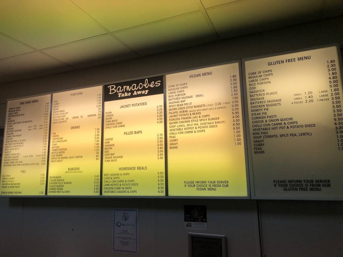 Menu at Barnacles Fish & Chips, Llandudno