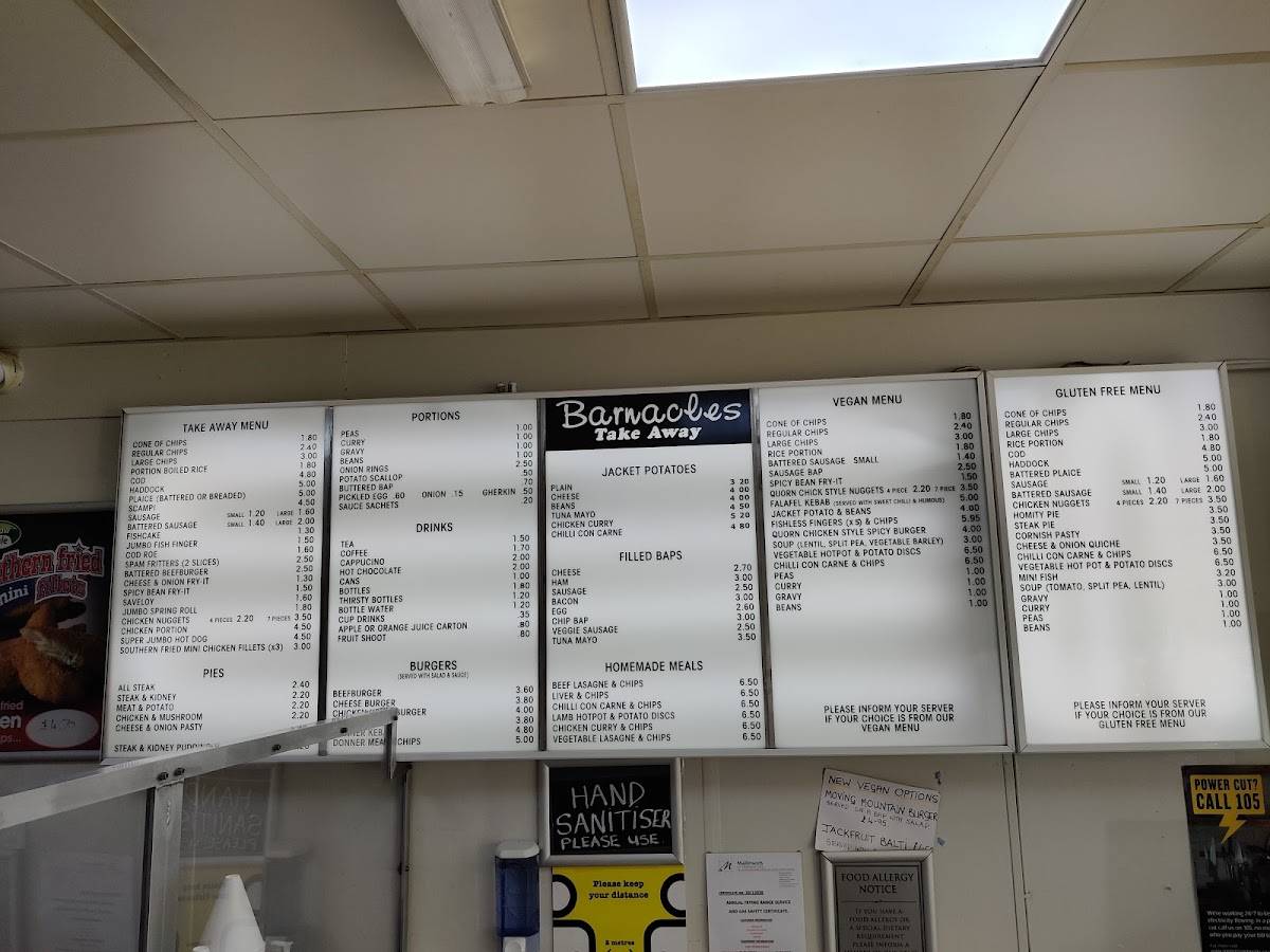 Menu at Barnacles Fish & Chips, Llandudno