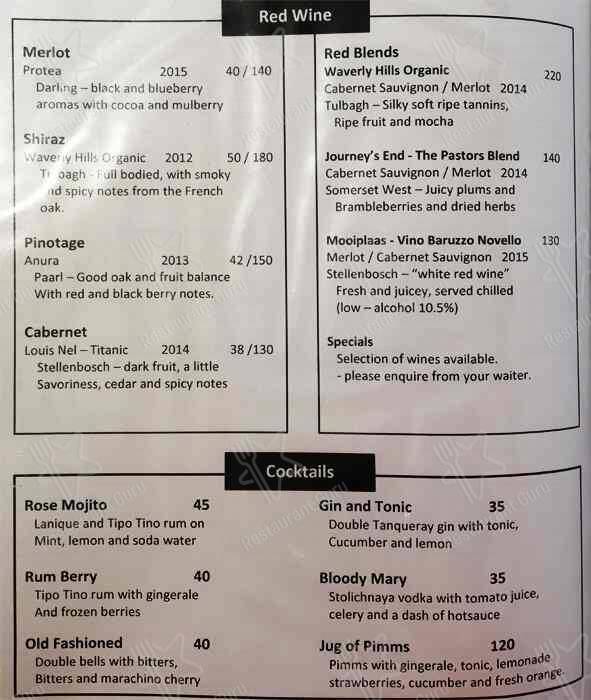 Menu at Deer Park Café restaurant, Cape Town