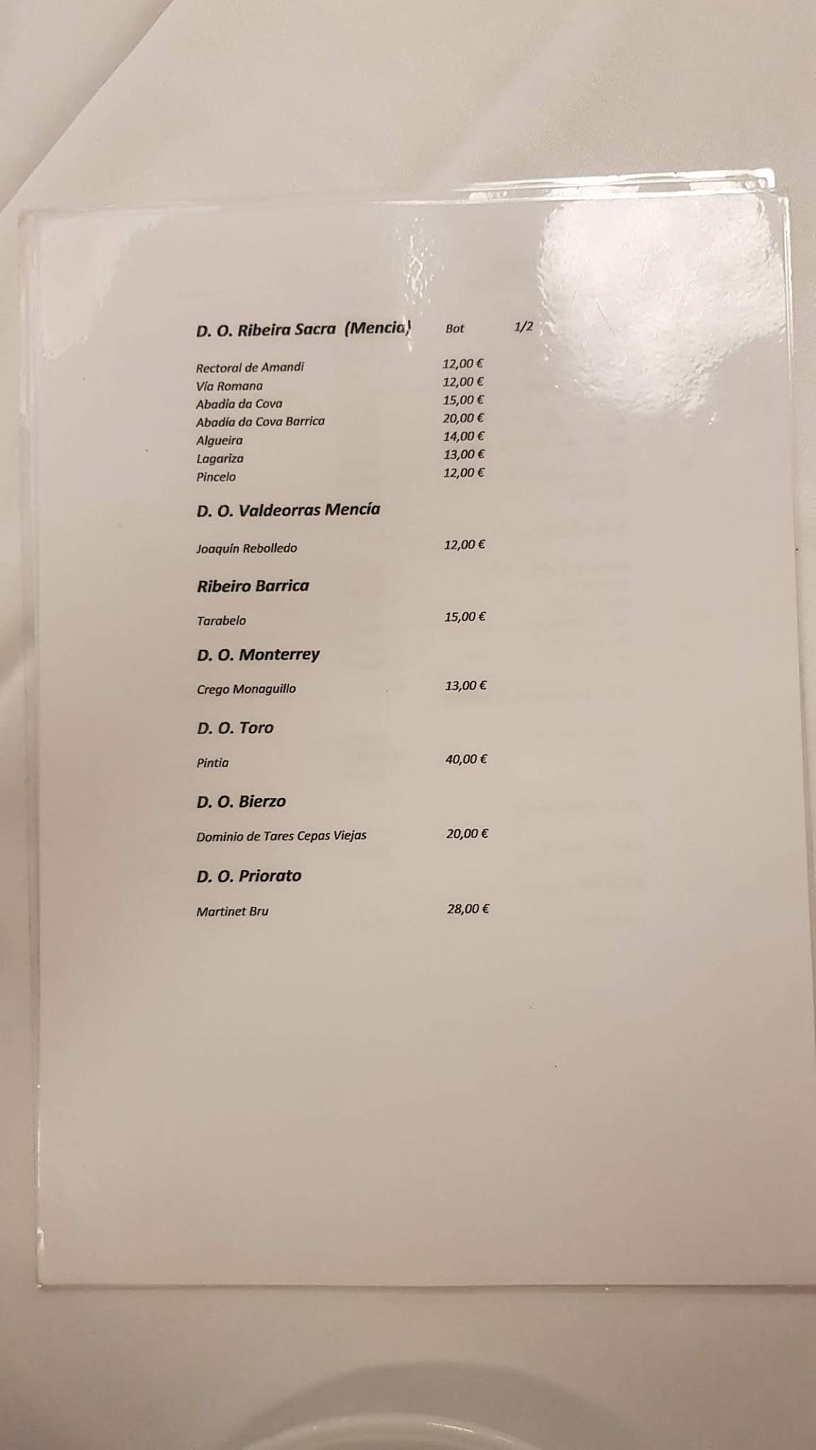 Carta del restaurante Casa Celia, Cambre