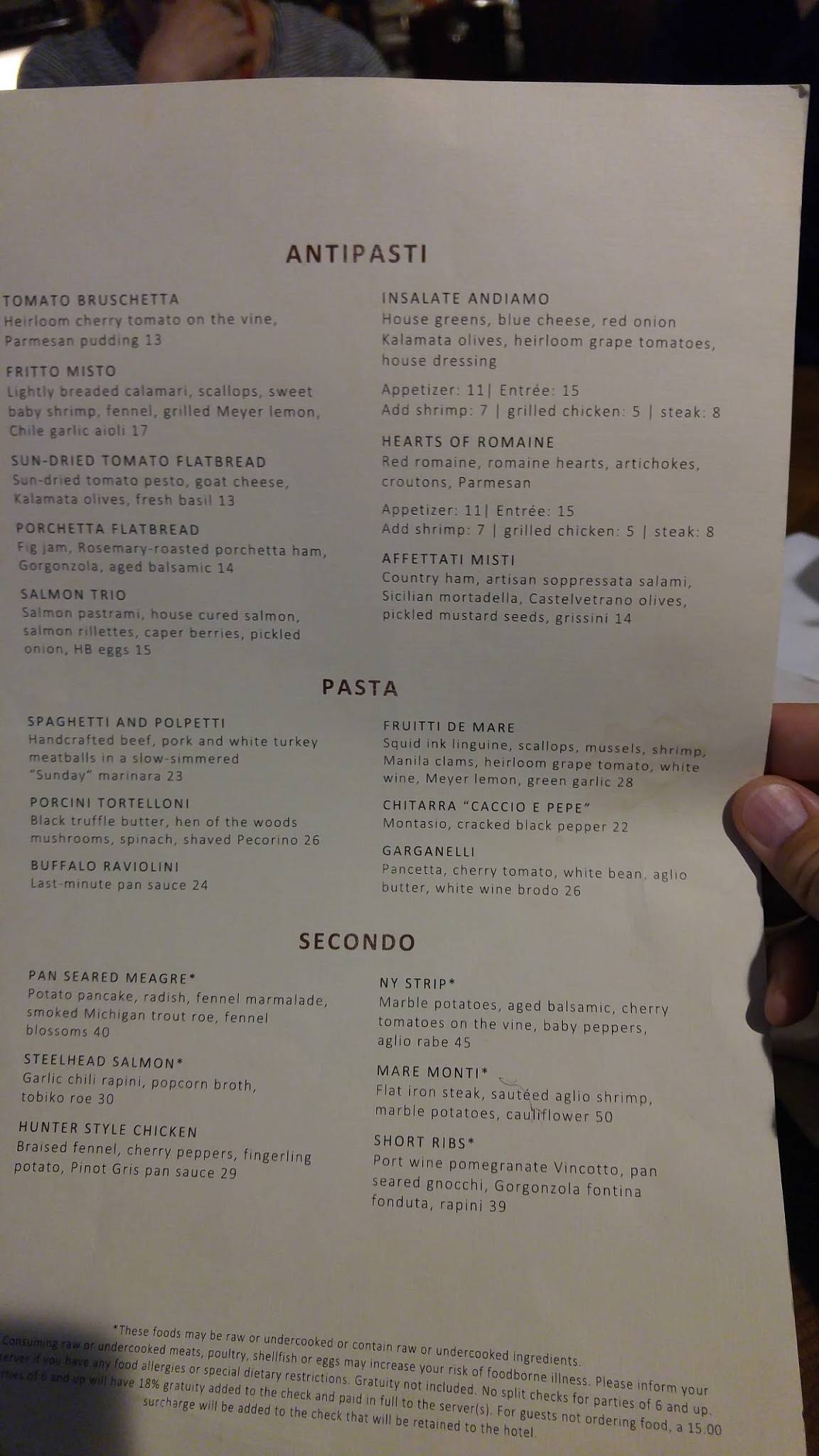 Menu at Andiamo restaurant, Chicago, N O'Hare Fld