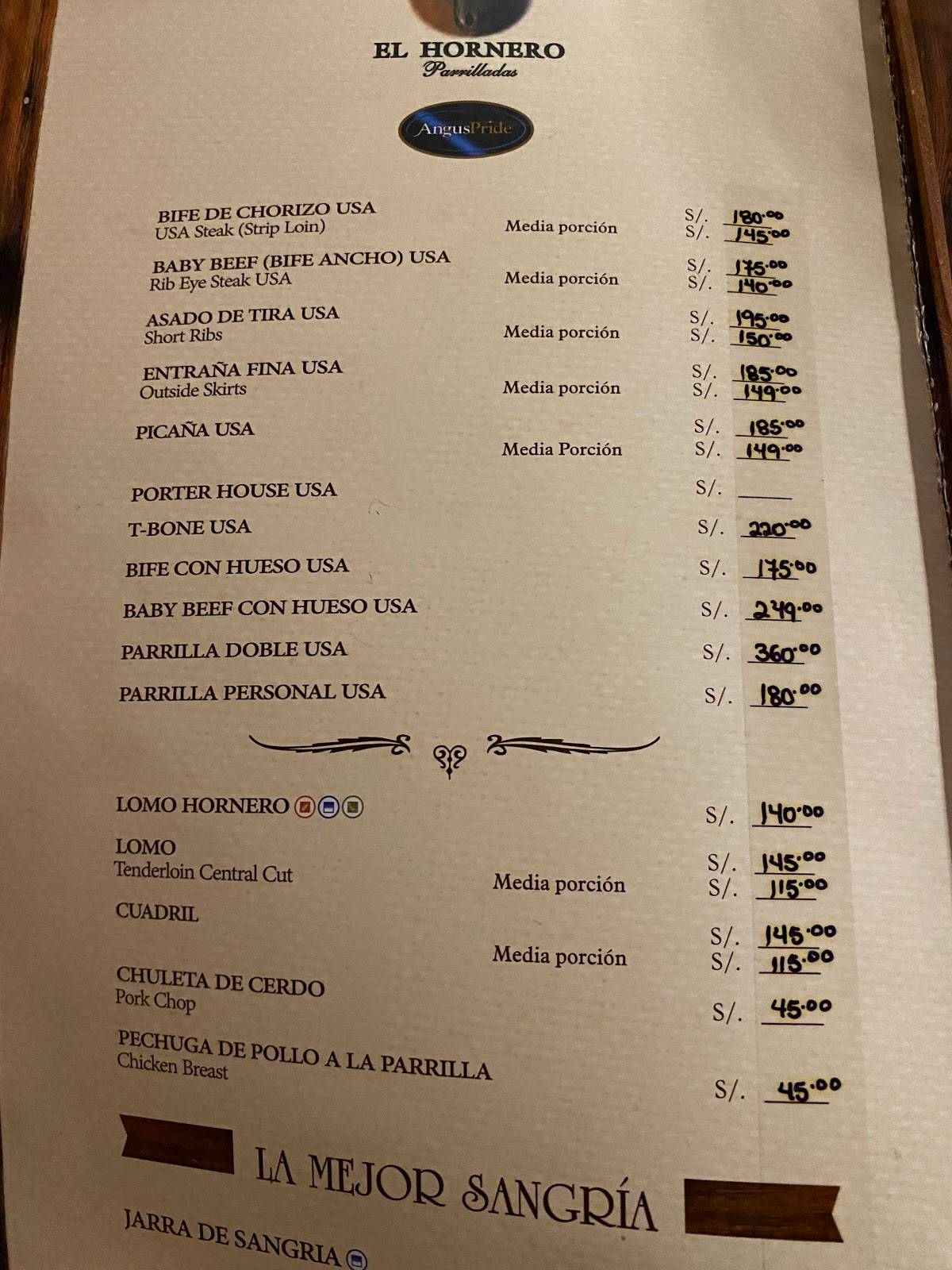 Carta del restaurante El Hornero Chorrillos, Miraflores