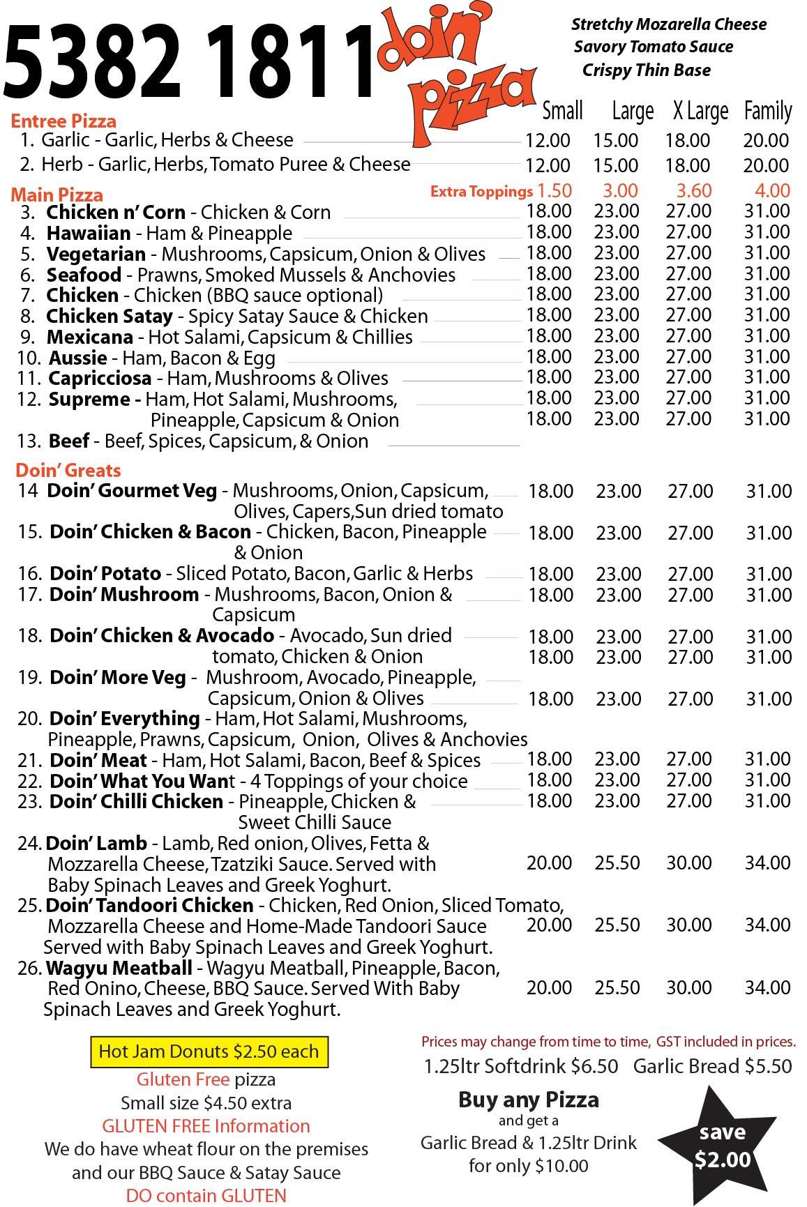 Menu at Doin' Pizza pizzeria, Horsham