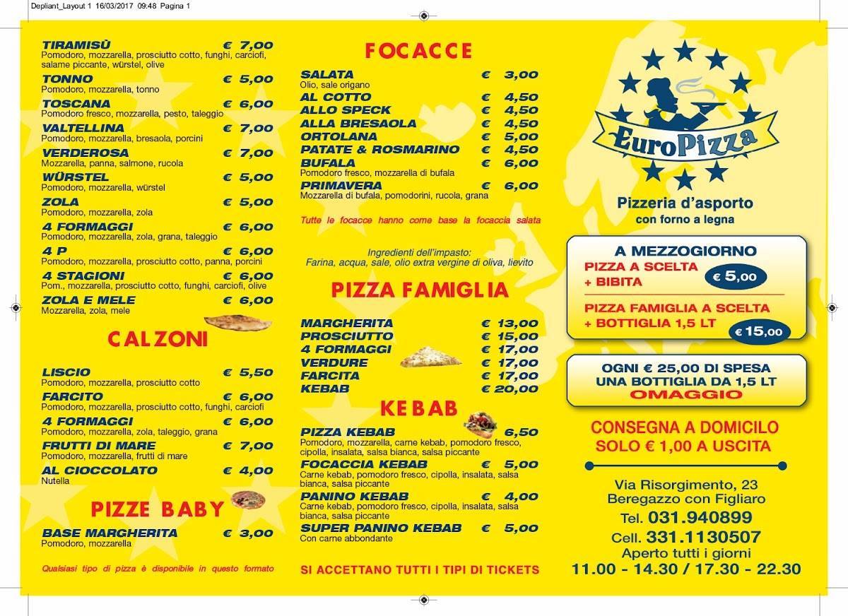 Menu da Europizza ristorante, Figliaro