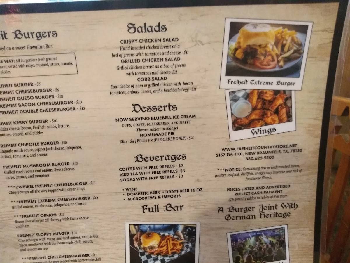 Menu at Freiheit Country Store restaurant, New Braunfels