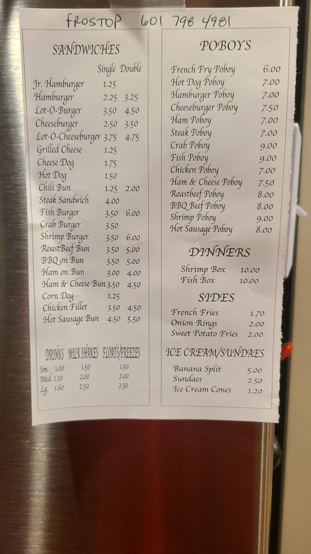 Menu at Frostop restaurant, Picayune