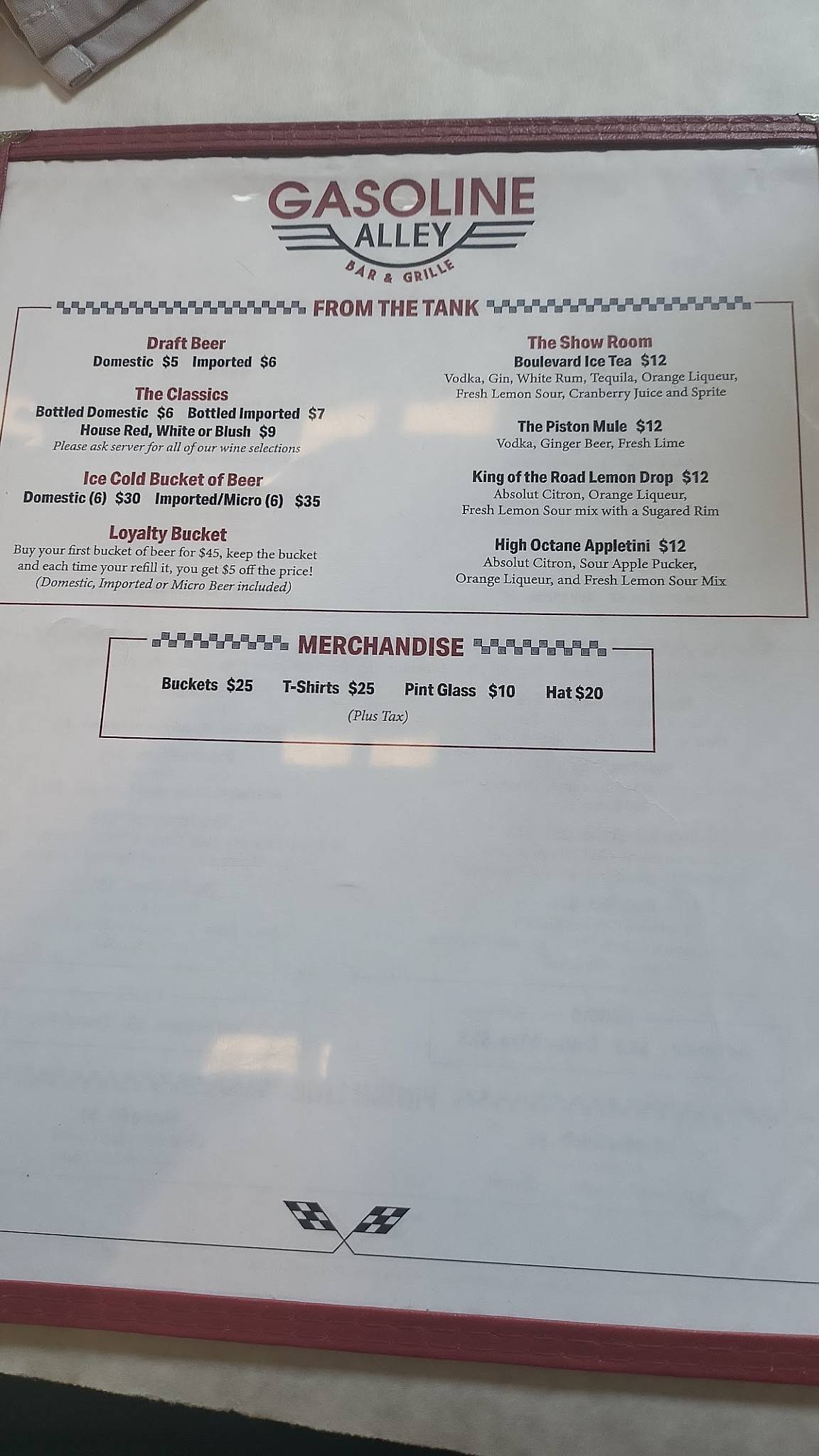 Menu at Gasoline Alley Bar & Grille, Morgantown