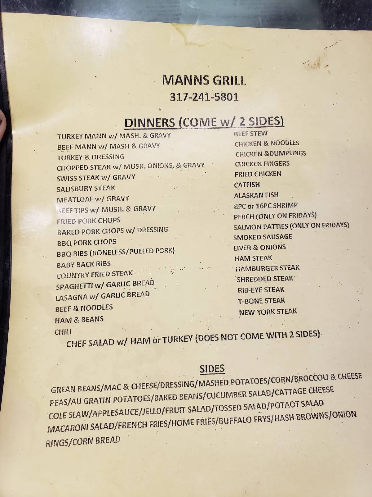 Menu at Mann's Grill restaurant, Indianapolis