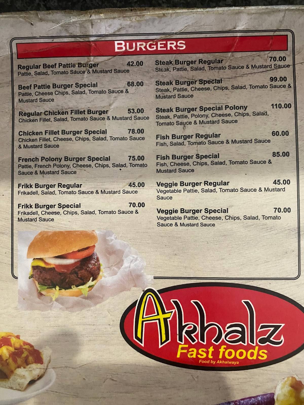 Menu at Akhalz Kelvin (Akhalwayas) restaurant, Johannesburg