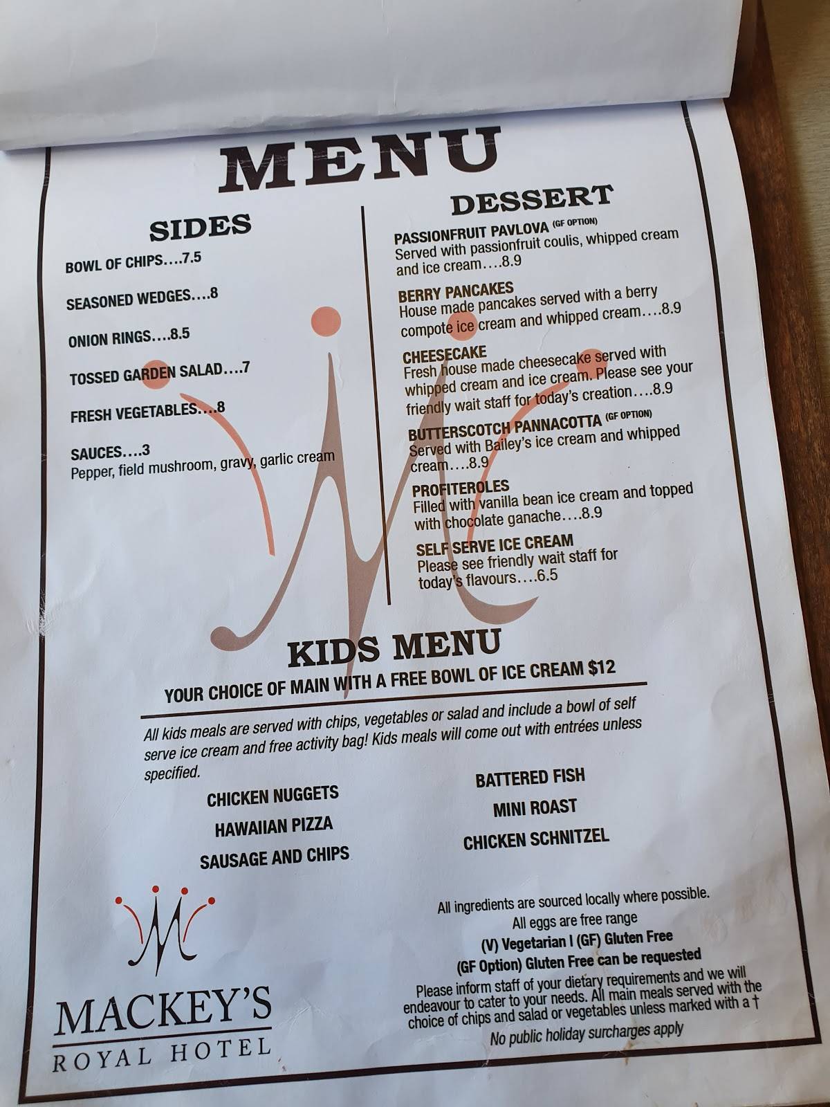 Menu at Mackey's Royal Hotel pub & bar, Latrobe