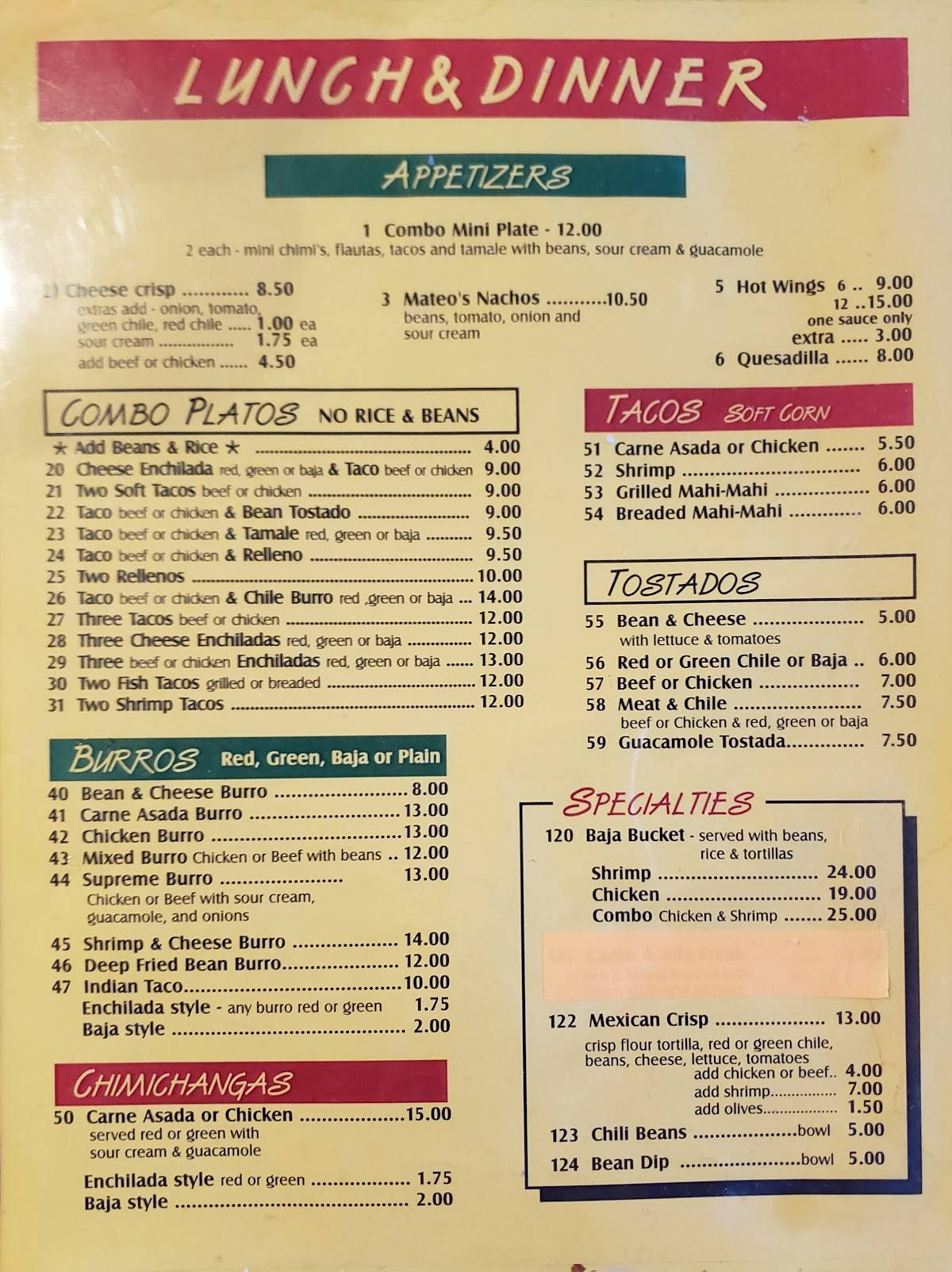 Menu at Mateos Mexican Grill restaurant, Show Low