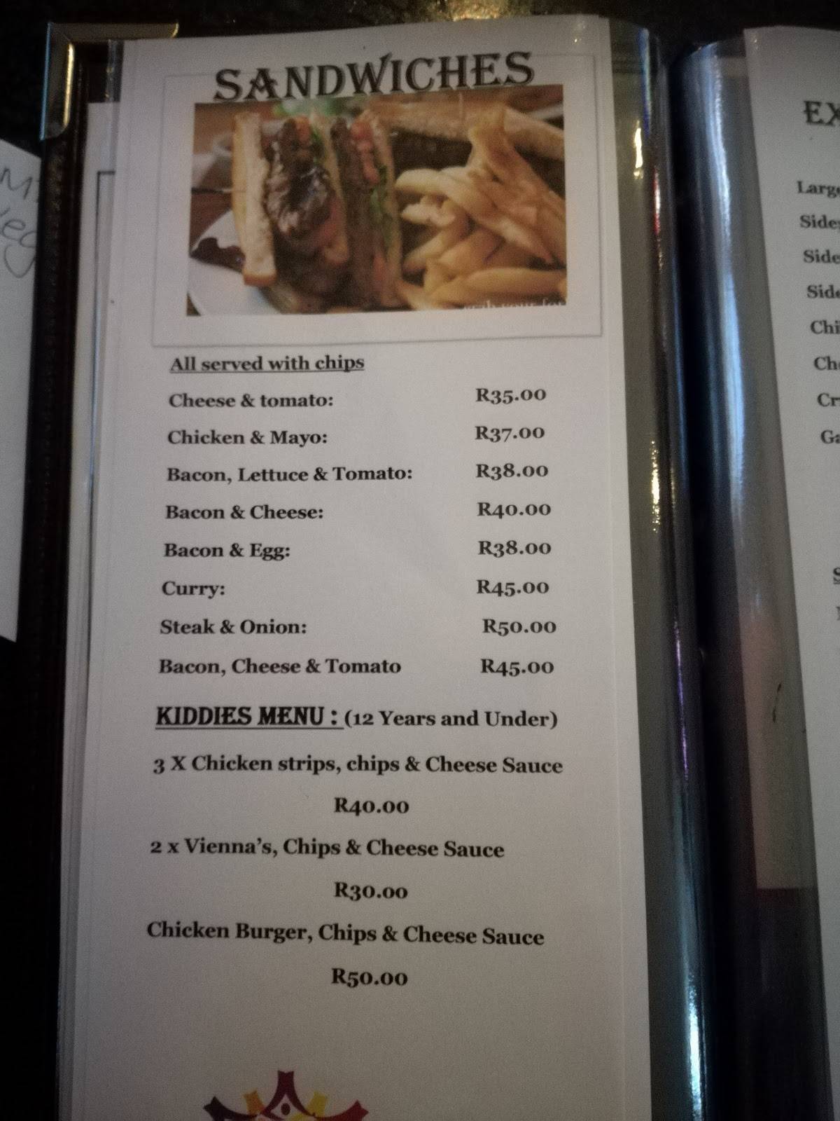 Menu at Musketeers @ The German Club, Durban
