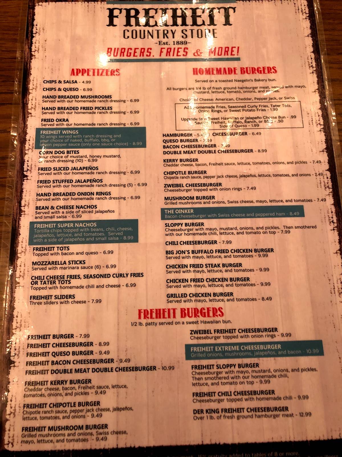 Surprising Freiheit Country Store Menu Gallery