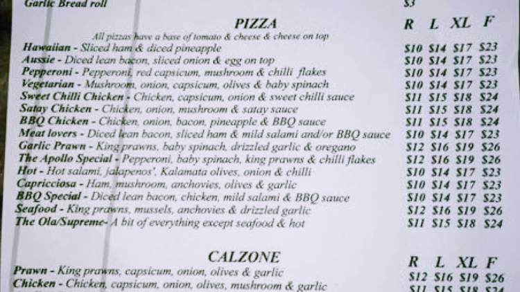 Menu at Apollo Pizza pizzeria, New Norfolk