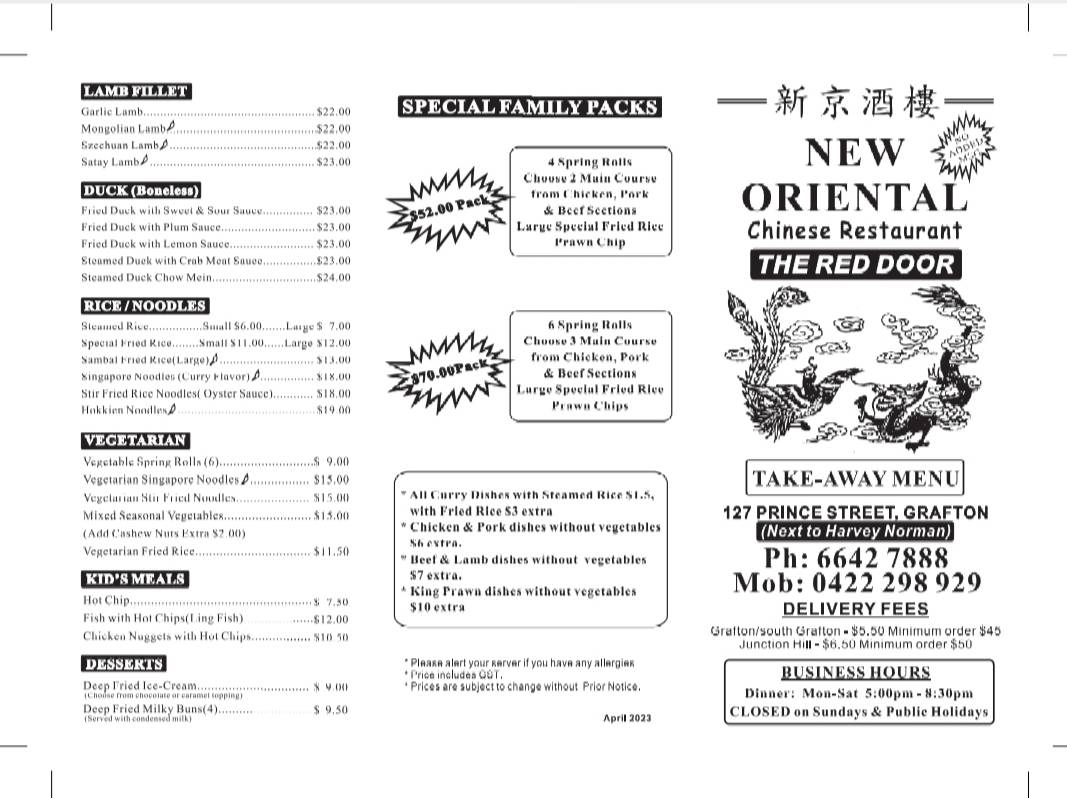 Menu at New Oriental Chinese Restaurant, Grafton