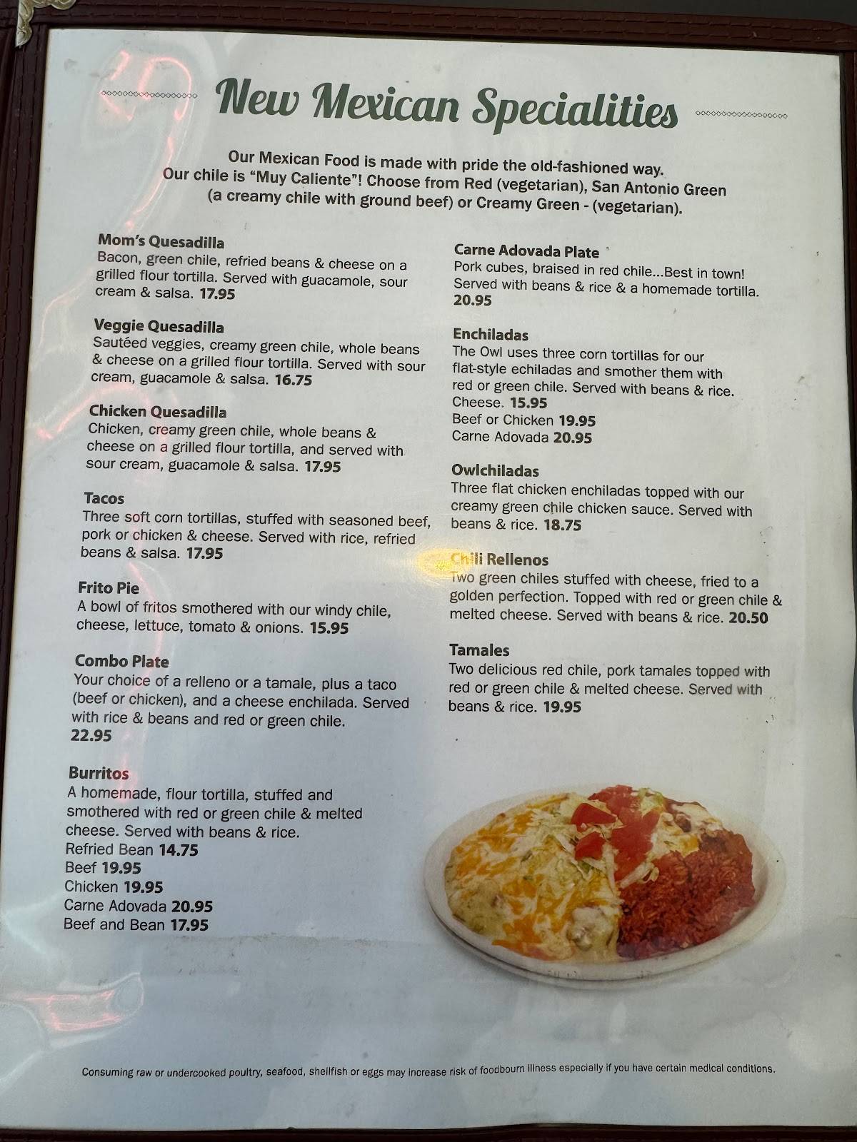 Menu at Owl Cafe, Albuquerque, 800 Eubank Blvd NE